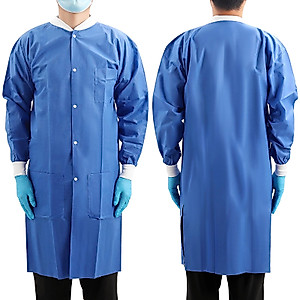 JMU 10 Pack Disposable Lab Coats for Adult Large, SMS Medical Lab Jacket Knee Length with Knit Cuff & Collar, 3 Pockets