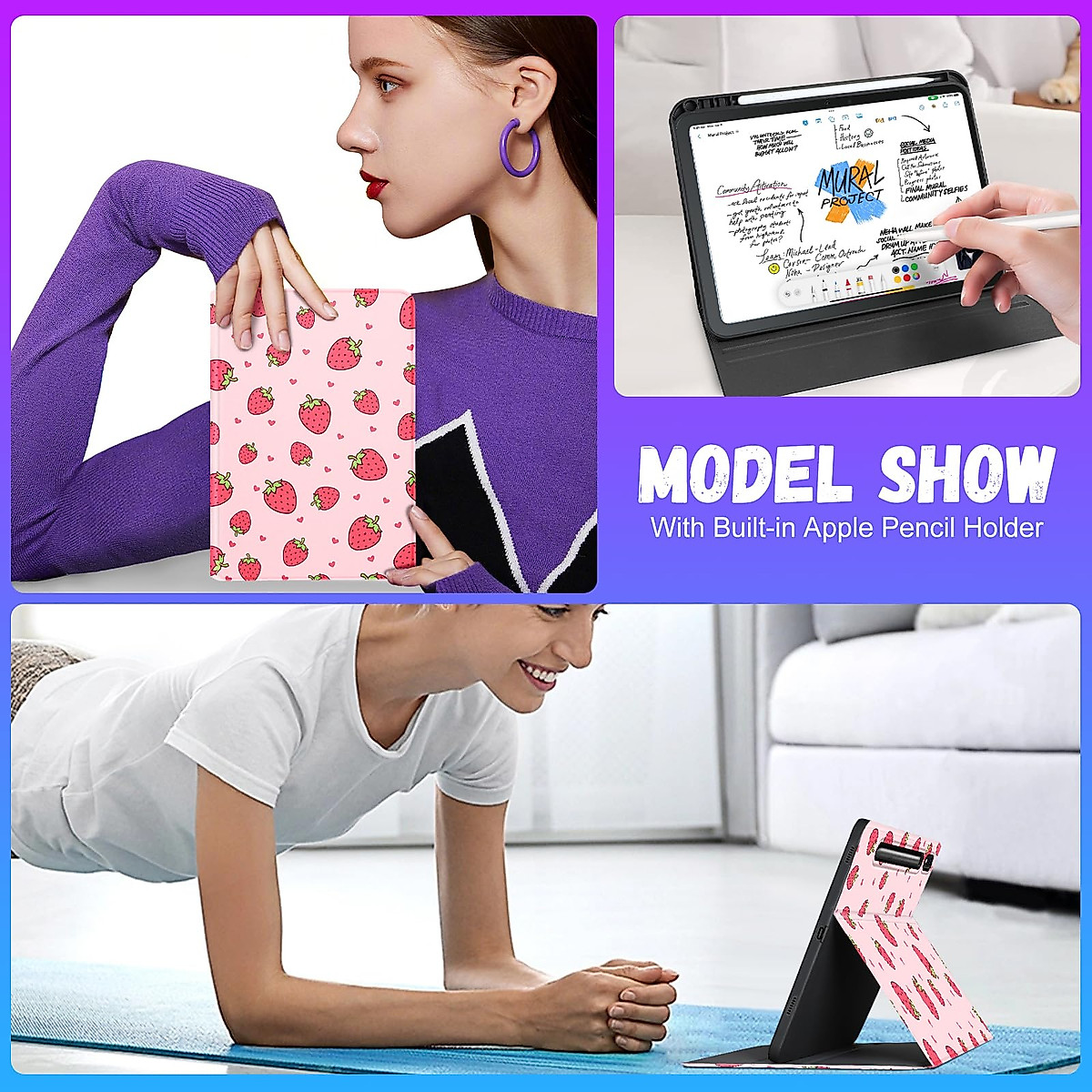 Uppuppy for Samsung Galaxy Tab S8 Plus/ S7 Plus/ S7 FE Case 12.4 Inch Women Cute Girls Folio Girly Strawberry Pretty Aesthetic Cover for Samsung Tablet S8 Plus 2022/ S7 Plus 2021/ S7 FE 5G Cases