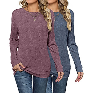 Ficerd 2 Pack Women's Casual Sweatshirts, Long Sleeve Cotton Shirts Loose Fit Lightweight Crew Neck Basic Tops Cute Pullover (Navy Blue, Wine Red,Large)