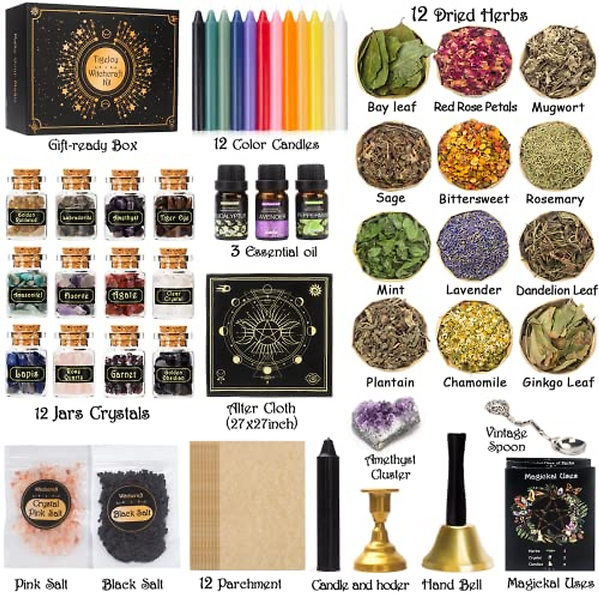 [Upgraded] Witchcraft Supplies Witch Stuff Spell Kit, 61 PCS Wiccan Supplies and Tools, Include Dried Herb Crystal Candle Amethyst Black Salt, Witch Gift Wiccan Starter Kit Altar Supplies Pagan Decor