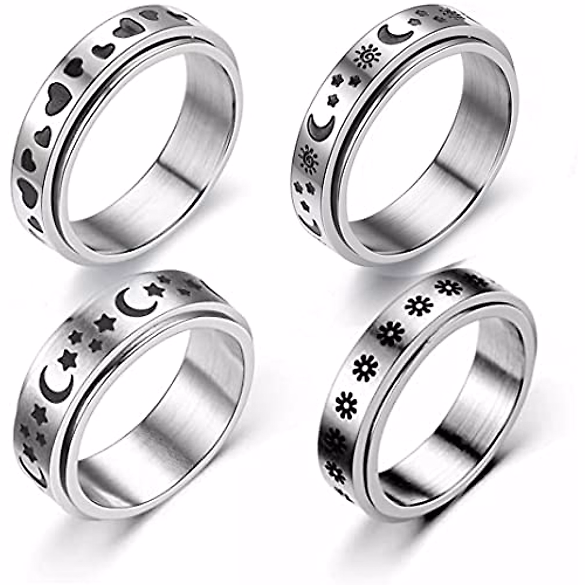 COLORFUL BLING 4 Piece Stainless Steel Spinner Band Ring Set Hypoallergenic Relieving Stress Moon Star Heart Sand Blast Finish Wedding Ring-Size 12