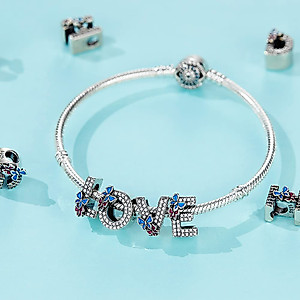 Complete A~Z Alphabet Charm Letter Beads, Solid 925 Sterling Silver with Cubic Stones Flower Butterfly fits European Bracelets Necklace Women Jewelry Gift Options