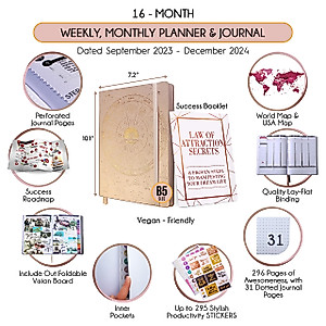 Law of Attraction Planner Sept 2023 to Dec 2024 - Weekly and Monthly, a 16-Month Productivity Planner, Hourly Planner, Work Planner for Productivity & Happiness, Adhd Planner and Stickers, B5