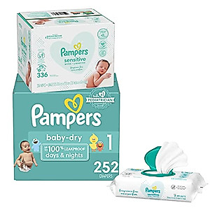Diapers Newborn / Size 1 (8-14 lb), 252 Count - Pampers Baby Dry Disposable Baby Diapers, ONE MONTH SUPPLY with Baby Wipes Sensitive 6X Pop-Top Packs, 336 Count (Packaging May Vary)