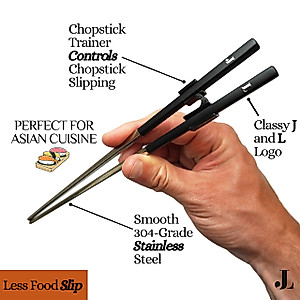 Jean Lemond: Introducing The Sushi Sticks - 2 Pairs Of Reusable Helper Chopsticks - Perfect Practice For Beginners - Metal Training Tool With Case Great For Adults & Kids (Crisp Black, 2pcs)