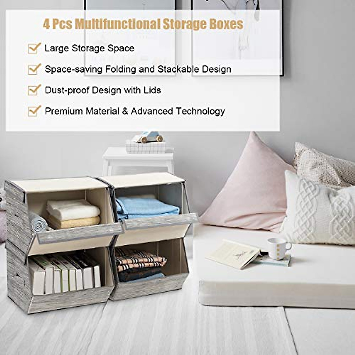 Giantex Storage Bins Set of 4 Stackable Cubes Fabric Baskets w/Lid, Side Handles, Magnetic Linen Container Boxes for Toys, Clothes, Files Foldable Closet Organize Bags 15”x14”x10” (Gray)