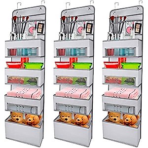 3 Pack Over The Door Organizer, 5-Shelf Over Door Hanging Organizer, Foldable Wall Mount 4 Big Pocket Storage With PVC Clear Window, Large Capacity Storage, For Bedroom,Storage Cosmetics,Sundries(Grey