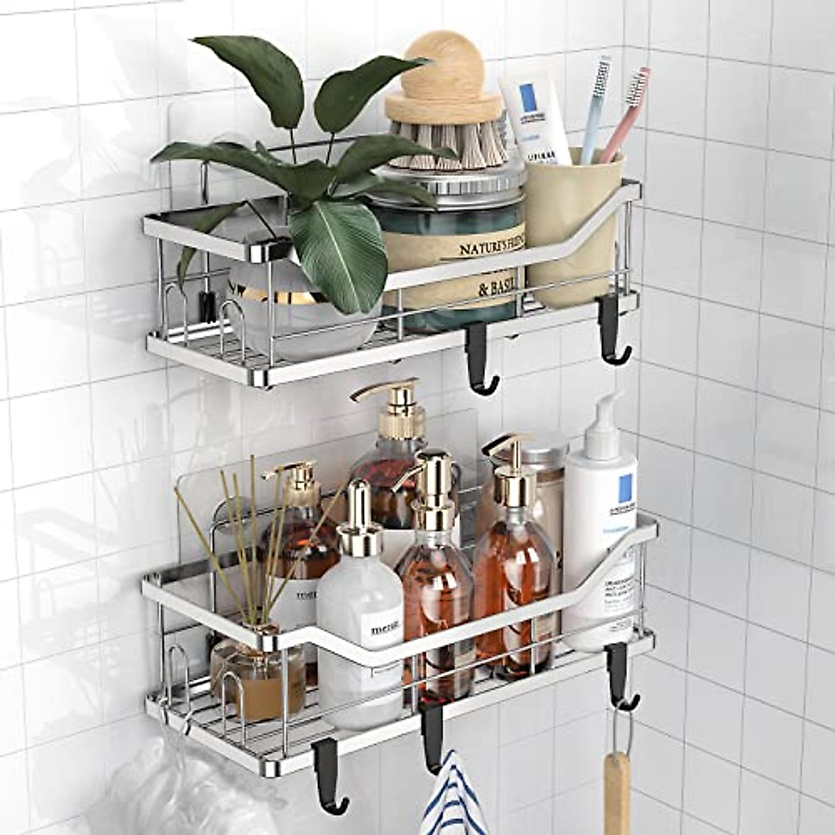 Rziawssa Shower Caddy, Shower Organizer(2Pack), Adhesive Shower Shelves Basket With 4+5 Hooks, No Drilling, Large Capacity, Rustproof Stainless Steel Wall-Mounted Bathroom Shower Shelf, Silver