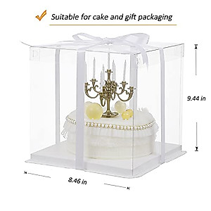 XININSUN 6Pcs Tall Cake Boxes PET Clear cake Box with Ribbon, 8 X 8 X 9inch for Bakery Boxes Cupcake Boxes Pie Cookies Boxes,Clear Gift Boxes with Lid for Carry Tall Layer Gift-White
