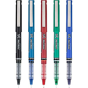 PILOT Precise V5 Stick Liquid Ink Rolling Ball Stick Pens, Extra Fine Point (0.5mm) Black/Blue/Red/Green/Purple Inks, 5-Pack (26013)