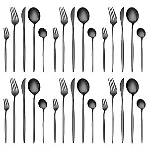LAIION Black Silverware Set 30 Pieces Stainless Steel Flatware Set Titanium Plating Cutlery Set, Matte Black Utensil Sets, Service Set for 6