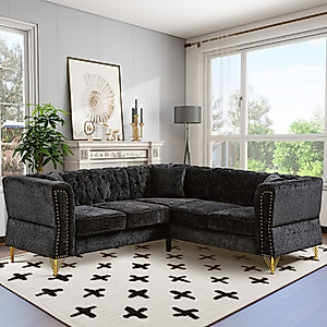 82" Oversize Chenille L-Shaped Corner Sofa,5-Seater Nailhead Trim Sectional Chesterfield Couch with 3 Cushions for Living Room, Bedroom (Black)