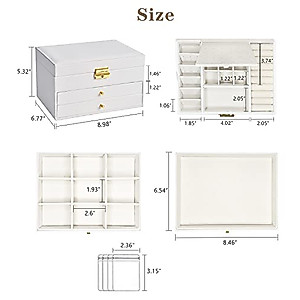 Jewelry Box Organizer for Women Girls, 3 Layer White PU Leather Jewelry Storage Case with 2 Removable Drawers, Mirror, Key Lock and 4 Pcs Jewelry Bags for Rings, Earrings, Necklace, Bracelet