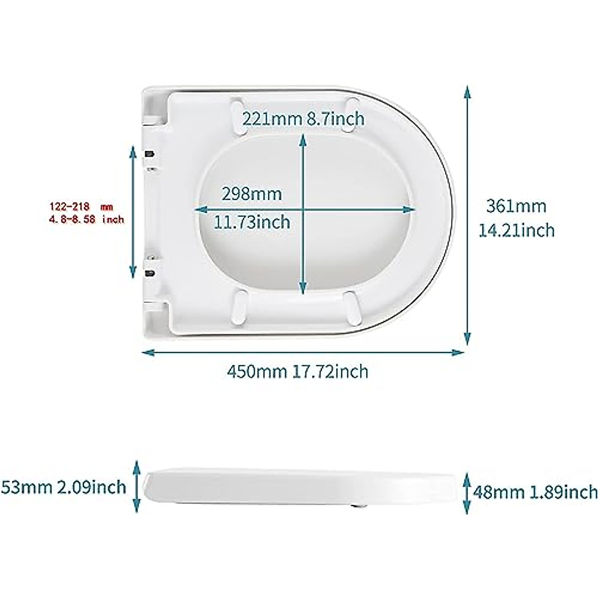 SADALAK Toilet Seat D Shape Soft Close Quick Release Easy Clean Toilet Seat Replacement with Non-Slip Bumpers for Bathroom White