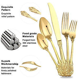 ZCF 5-Piece Gold Flatware Silverware Cutlery Set,18/10 Heavy Duty Stainless Steel Utensils,Service for 1,Include Knife/Fork/Spoon,Mirror Polished, Dishwasher Safety