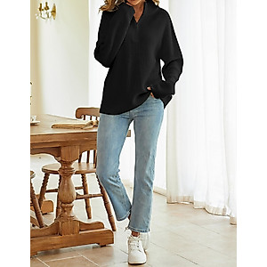 MEROKEETY Women's 2024 Long Sleeve Chunky Knit Sweaters 1/4 Zip Polo V Neck Casual Pullover Tops,Black,S