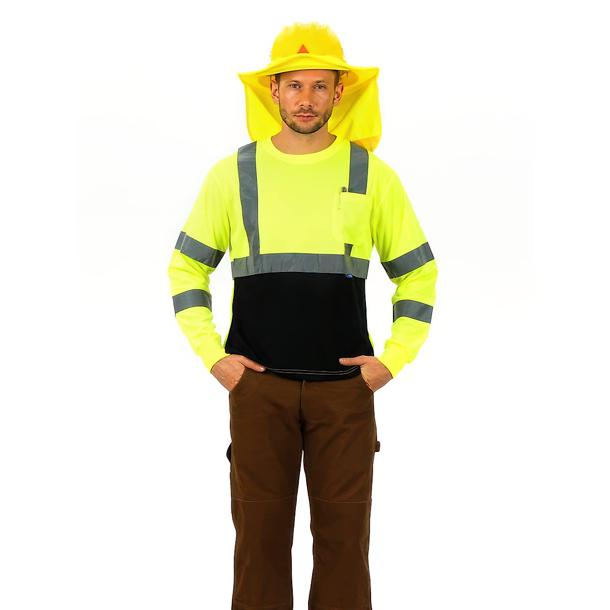 AYKRM Long Sleeve high Visibility Shirts Safety T Shirt Reflective High Visibility hi vis Long Sleeve T Shirt (Yellow, L)