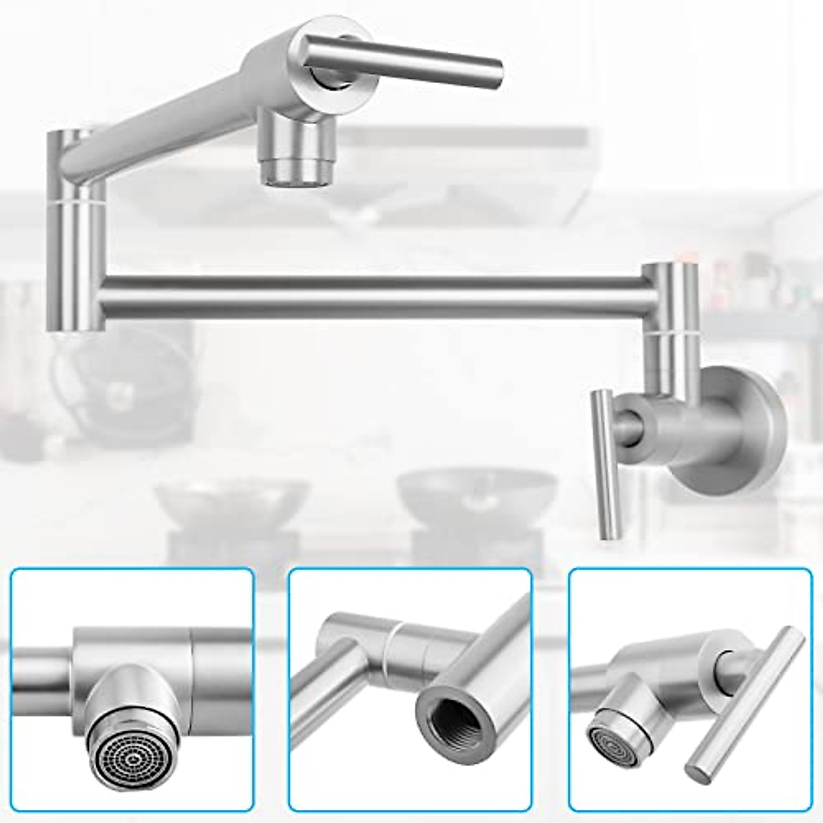 Launceter Pot Filler Faucet, Wall Mount Pot Filler Solid Brass Brushed Nickel Kitchen Faucets, Double Joint Swing Arm Kitchen Sink Pot Filler Faucets, Single Hole with 2 Handles(Brushed Nickel)