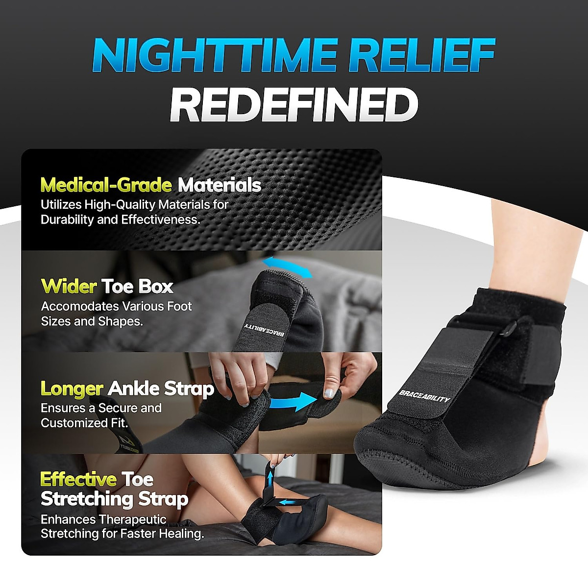 BraceAbility Plantar Fasciitis Night Splint Sock - Soft Plantar Fascia Brace for Sleeping, Achilles Tendonitis, Foot Drop, Heel Pain - Plantar Fasciitis Relief Night Splint for Women and Men (Large)