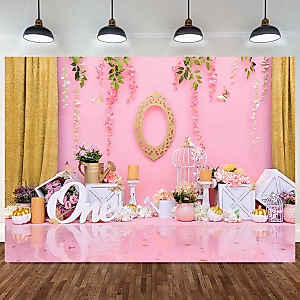Girl 1st Birthday Photography Background Pink Floral Garden Girl Princess 1st Birthday Party Decorations Backdrop Pink Gold Girl First Birthday Party Backdrops One Year Old Cake Smash Banner (7X5FT)