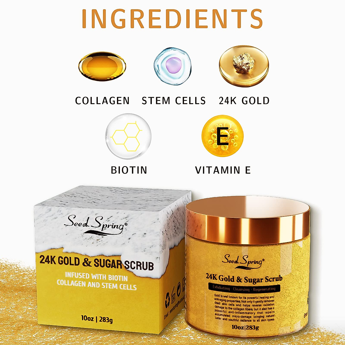Seed Spring 24K Gold & Sugar Body Scrub - Exfoliating Body Scrub - Moisturizing & Deep Cleansing - Remove Dead Skins - Anti Aging Hydrating Body Scrub for Women Men - 10 oz