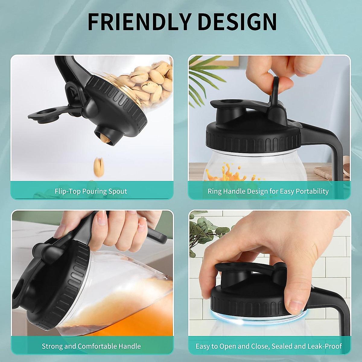 Gardace Wide Mouth Mason Jar Pour Spout Lids with Handle & Flip Cap, Plastic Mason Jar Lids-Ball Mason Jar Pitcher Lid Airtight & Leak-Proof Seal, Easy Pouring Spout, Pack of 2