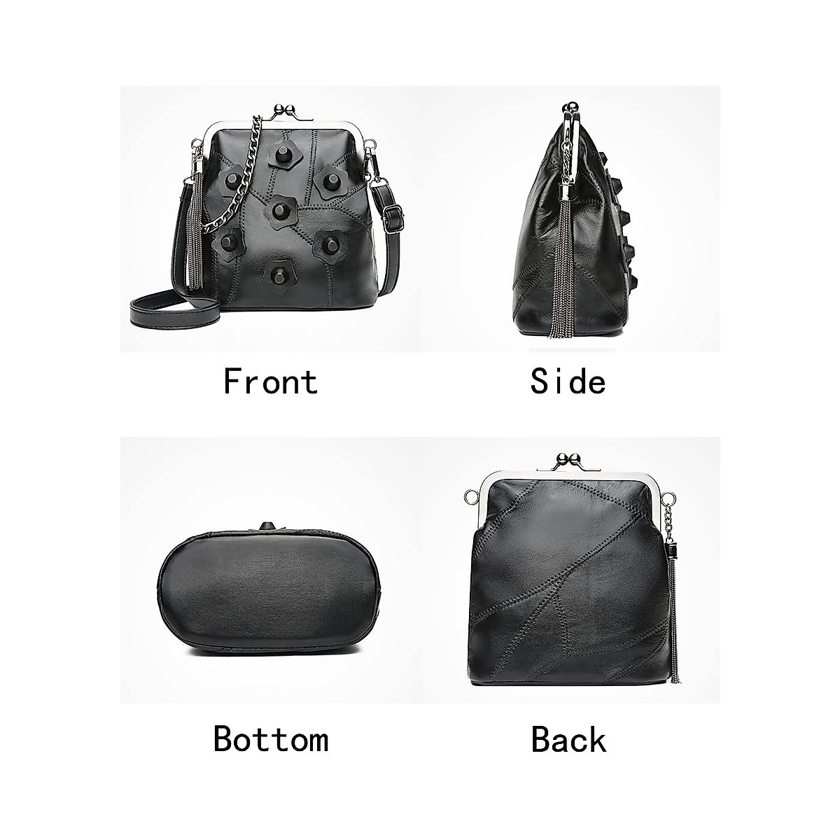 SMALLBLUER Women Rivet Purses Satchel Kiss-lock Vintage Chain Shoulder Bag Clutch Wallet Handbag with Tassel Pendant-Black