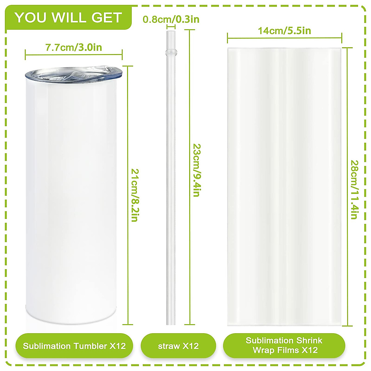 AiHeart 20oz Sublimation Stainless Steel Coffee Tumblers,Double Wall Vacuum Insulated Blanks Bulk Tumblers with Lid Silicone Coasters and Shrink Wrap Films,Travel Mug For Car Cup Racks(11pack)