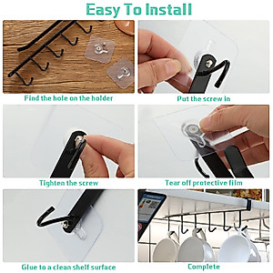 12 Pack 6 Hooks Utensil Racks Under Cabinet Black Hanging Mug Organizer Coffee Cup Under Shelf Home Storage Mug Holder and 12 Pcs Adhesive with Screws for Kitchen Utensil Under Cabinet Mug