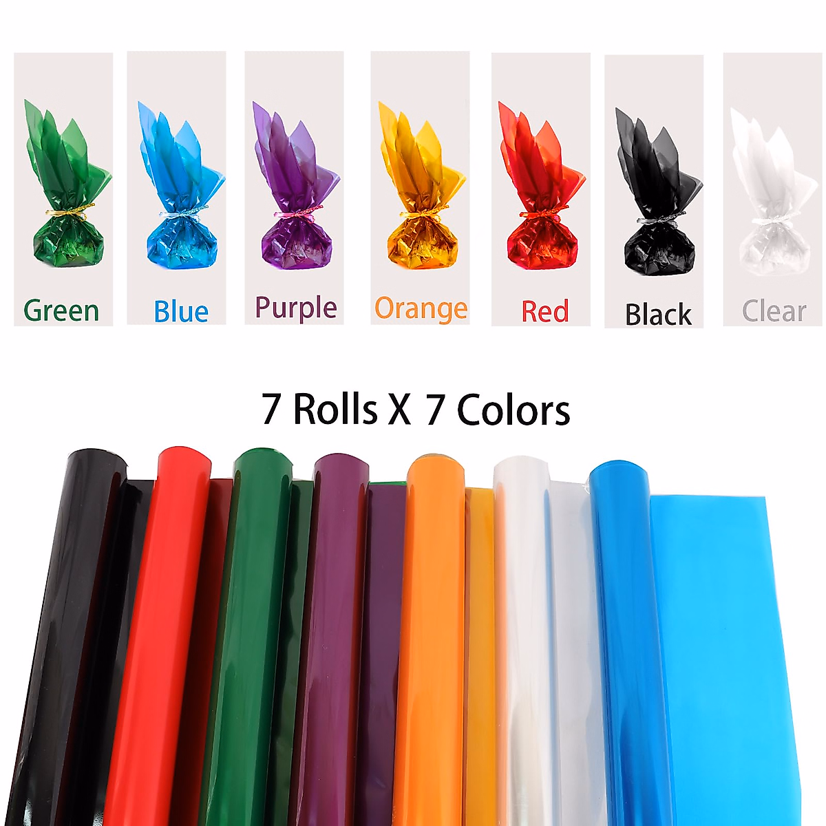 CMFYHM 7 Rolls Colored Cellophane Wrap Roll (34 in x 16.4 ft x 7 Colors) Extra Wide Cellophane Roll Transparent Color Cellophane Gift Wrapping for Gift Baskets,Flowers, DIY Craft,Baby Shower,