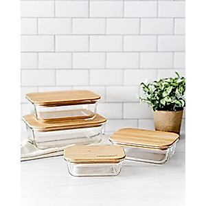 Bambooware Glass Containers with Lids | Non Plastic Glassware Set - Natural Raw Organic Wooden Bamboo Lids | Set of 4 | Reusable, BPA Free | Perfect for Meal Prep, Lunch, Leftovers, Kitchen