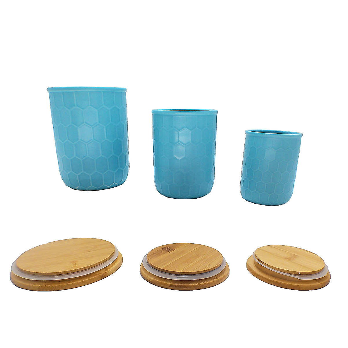First of a Kind Kitchen Canisters - Blue Stoneware Canisters with Bamboo Lids, Set of 3 Storage Canister Container Set - Honeycomb Design, Ceramic Food Canister Jars for Tea, Sugar & Flour Storage