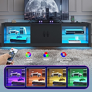 Bestier 70 inch Gaming TV Stand with Power Outlets, LED Entertainment Center for 70/75/80/85 Inch TV, Modern TV Cabinet for PS5 Xbox Console, TV Stand for Living Room Black