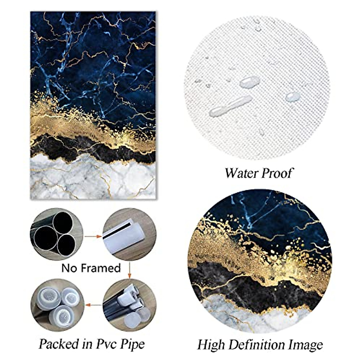 Navy Blue and Gold Marble Wall Art Abstract Marble Modern Trendy Canvas Prints Blue and White Marble Painting Abstract Shaped Artwork Light Blue and Navy Wall Art Abstract Marble 16x24inx3pcs No Frame