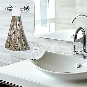 2Pcs Rustic Daisy Flower Kitchen Hand Towels Vintage Wooden Board Hanging Tie Towels with Loop & Hook Soft Vintage White Flower Rustic Barnwood Dishcloths for Bathroom Washroom Guestroom Hotel