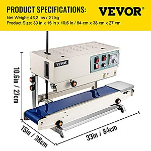VEVOR Continuous Band Sealer, 0.24-0.6 in/6-15 mm Seal Width, FR900 110V/60Hz Vertical Sealing Machine, Band Heat Sealer with Digital Temperature Control for PVC Membrane Bag Film