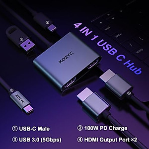 USB C to Dual HDMI Adapter 4K@30Hz, KOZYC USB C Hub Multiport Adapter with 2xHDMI, USB 3.0, 100W PD, Support USB C to HDMI Splitter Extended Display for MacBook Pro (MST is not Supported on MacOS)