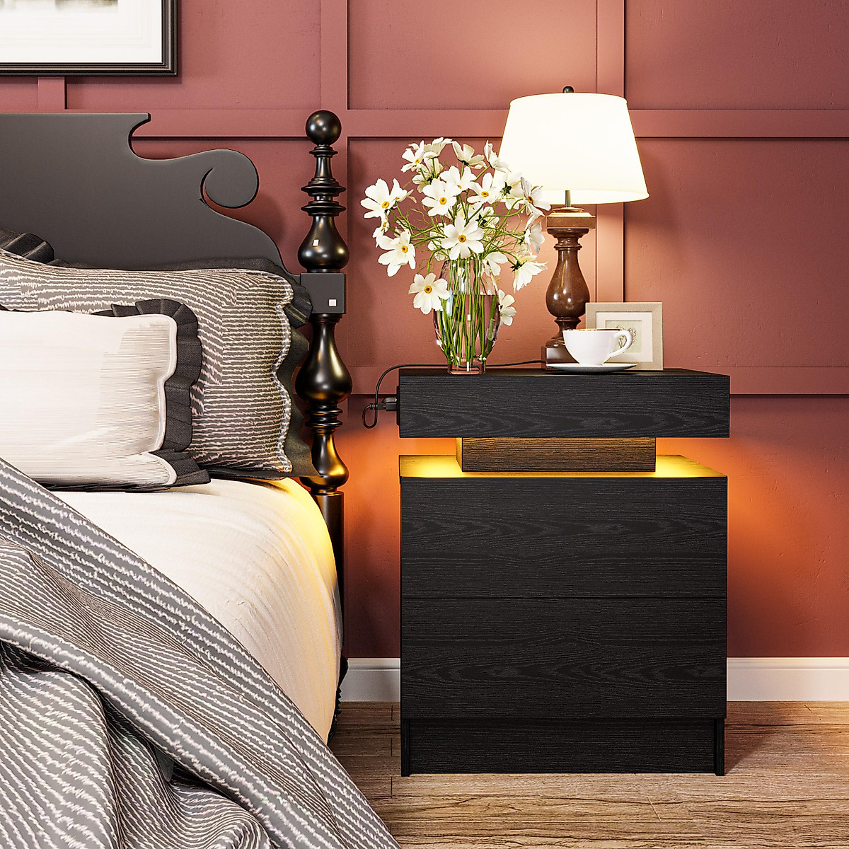 LIKIMIO Night Stand with Charging Station, Modern Black Nightstand with LED Light and Drawers, Bedside Tables/End Table for Bedroom