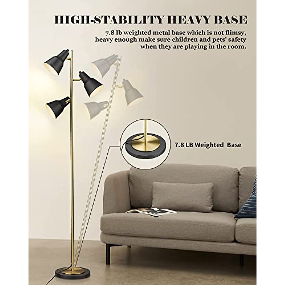 ELYONA Gold Tree Floor Lamp with 3 Adjustable Rotating Lights, Industrial Tall Pole Metal Standing Lights with 3 LED Bulbs for Living Room,Bedroom,Farmhouse,Office,Hotel, Vintage Brushed Brass & Black