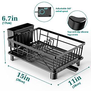 Dish Drying Rack, Space-Saving Dish Rack for Kitchen Counter, Stainless Steel Dish Rack with Cutlery Holder, Removable Dish Drainer, Drainboard and Adjustable Spout for Various Kitchenware,15x11x6.7''
