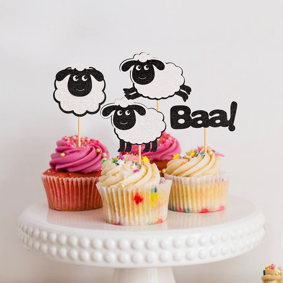 Ercadio 24 Pack Sheep Cupcake toppers Black Glitter Farm Animals Cupcake Picks Sheep Baa Cupcake Decors Sheep Theme Baby Shower Birthday Party Supplies