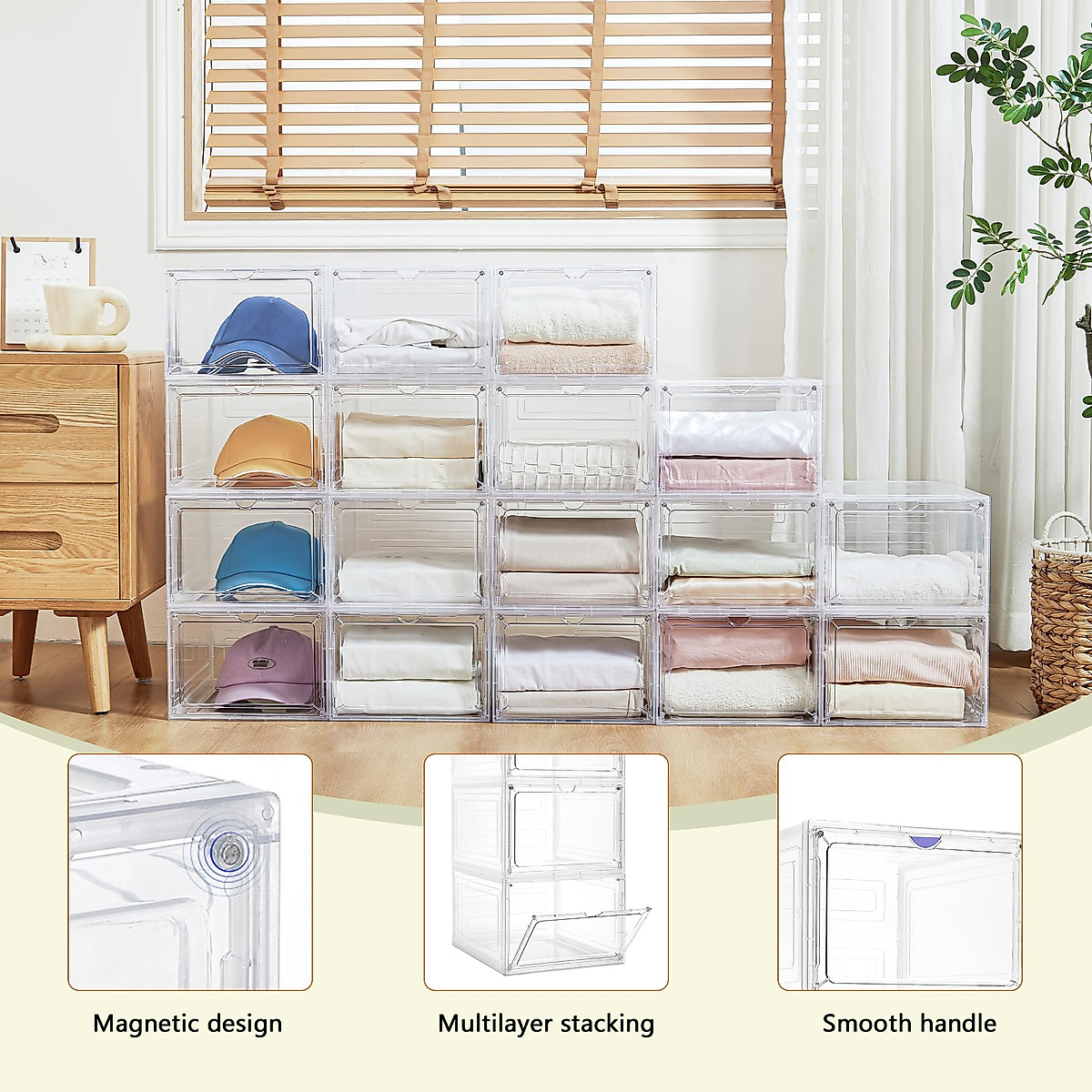 SANKEU Storage Bins with Lids，3pcs×19.5 Qt Plastic Storage Containers with Magnetic Door, Stackable Clear Storage Box for Closet Organizers and Storage,Office Organizing