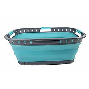 SAMMART 44L (11.6 gallon) Collapsible Plastic Laundry Basket-Foldable Pop Up Storage Container-Portable Washing Tub-Space Saving Hamper, Water Capacity: 35L (9.2 gallon) (Grey/Crystal Blue)