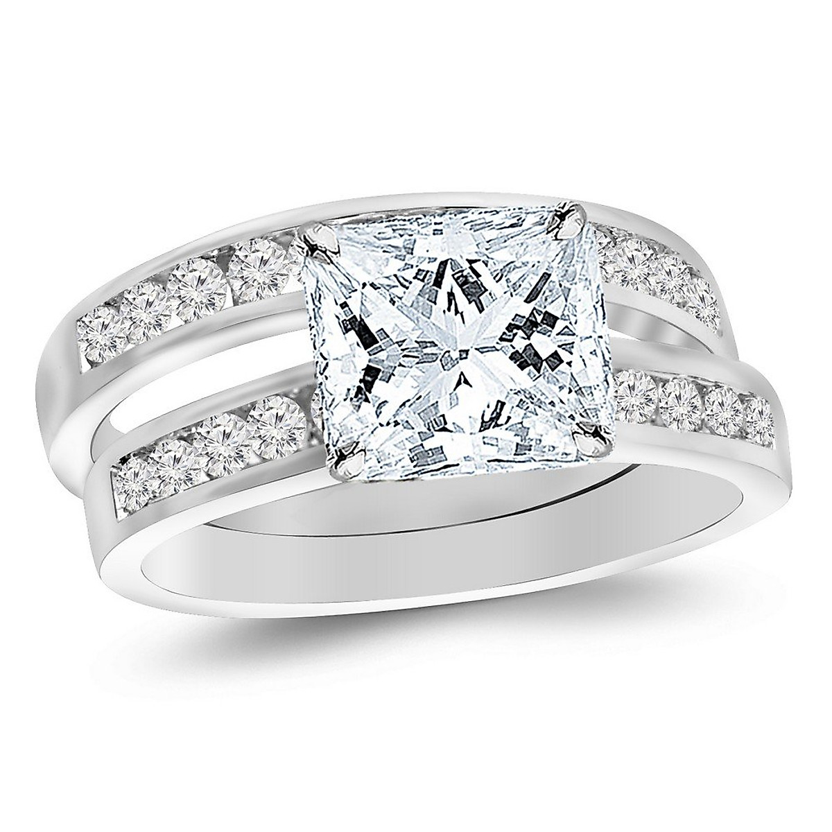 14K White Gold 1.2 CTW Princess Cut Classic Channel Set Wedding Set Bridal Band & Diamond Engagement Ring, D-E Color SI1-SI2 Clarity, 0.5 Ct Center