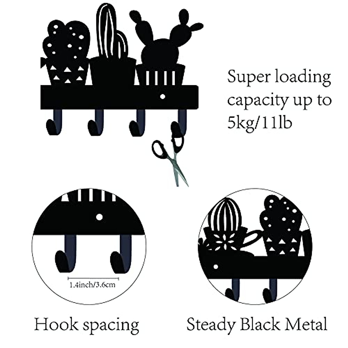 CREATCABIN Cactus Key Holder Metal for Wall Mounted Black 10.6" x 6.3" Keys Hanger 6 Hooks Decorative Welcome Home Sign Key Hanging Rack for Bathroom Door Kitchen Bedroom University Dormitory
