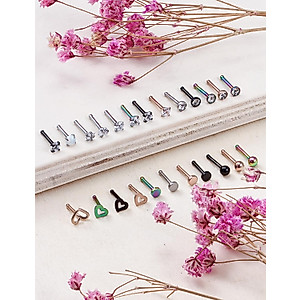 Yaalozei 18g Nose Rings studs for Women Straight Nose ring Surgical Stainless Steel Nose Rings Bar Earrings Pin Bone Stud Diamond Opal Nostril Nose Piercing Jewelry Men Silver Rose Gold Black Rainbow