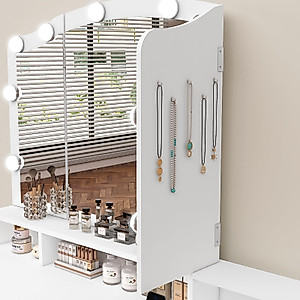 Vanity Desk with Triple Folding Mirror, Makeup Vanity with Power Outlet, Vanity Desk with 10 Lights, 3 Drawers & 2 Cabinets, Makeup Vanity Table with Soft Cushioned Stool for Women, Bedroom, White