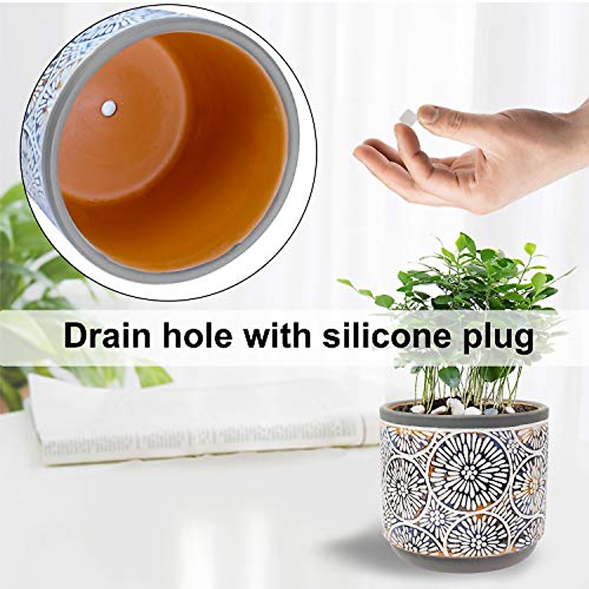 Vivimee 2 Pack Ceramic Plant Pots, 5 Inch Flower Pot Set, Planter Set with Drainage Hole for Indoor Plants, Cactus, Succulent, Snake Plants, Bamboo, Clay Pottery Garden Pots for Outdoor Plants(Gray)