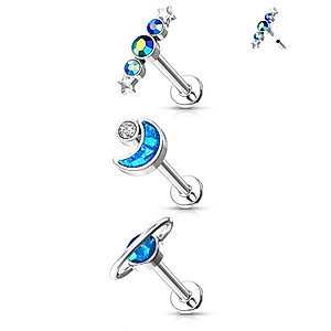 Melighting Labret Jewelry Internally Threaded 16G Blue Glitter Planet Labret Stud Stainless Steel 316L Moon Helix Earrings Star Tragus Conch Piercing Jewelry for Women