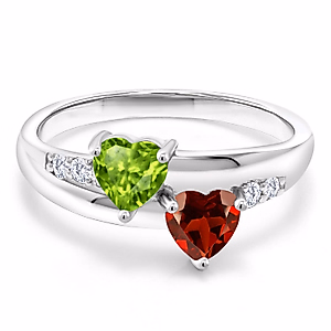 Gem Stone King 925 Sterling Silver Green Peridot Red Garnet and White Lab Grown Diamond Women Ring (1.13 Cttw Heart Shape, Available in size 5, 6, 7, 8, 9)